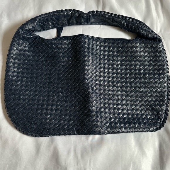 Bags | Leather Woven Navy Blue Handbag | Poshmark